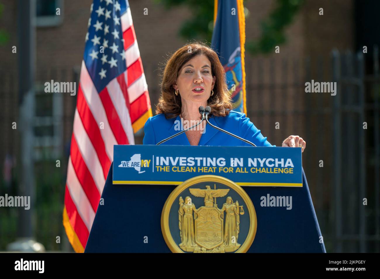 Governor Kathy Hochul speaks during a joint housing and clean energy ...
