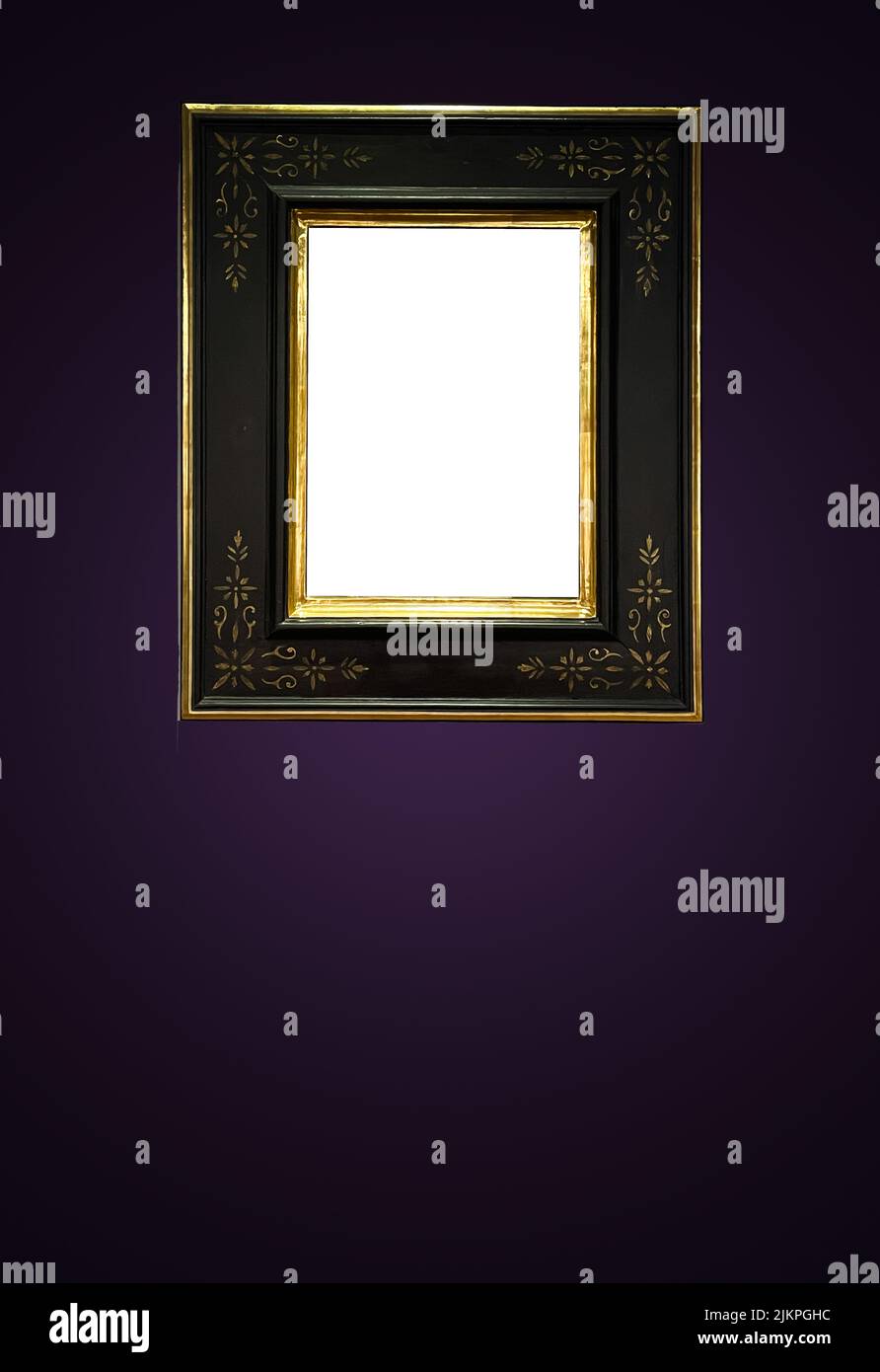 Antique art fair gallery frame on royal purple wall at auction house or ...