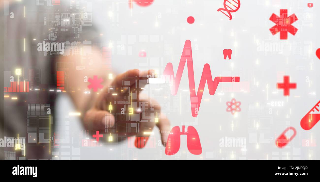 A person's hand showing with medical icons Stock Photo - Alamy