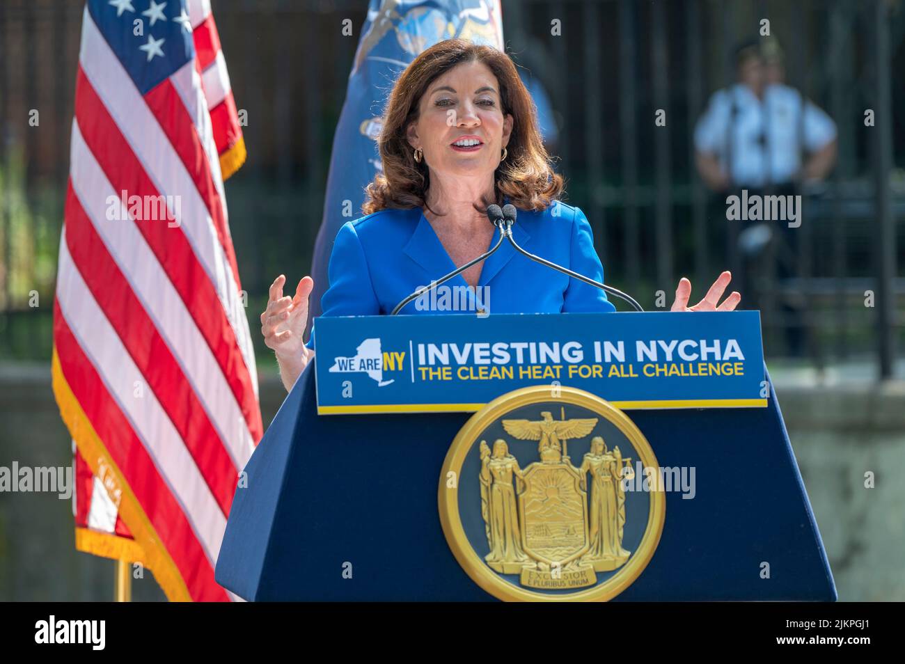 Governor Kathy Hochul speaks during a joint housing and clean energy ...