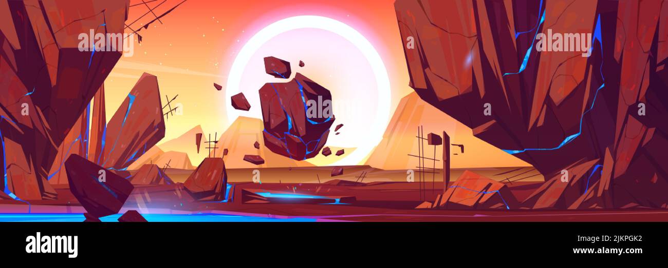 Space, alien planet landscape with flying rocks and plasma in cracks ...