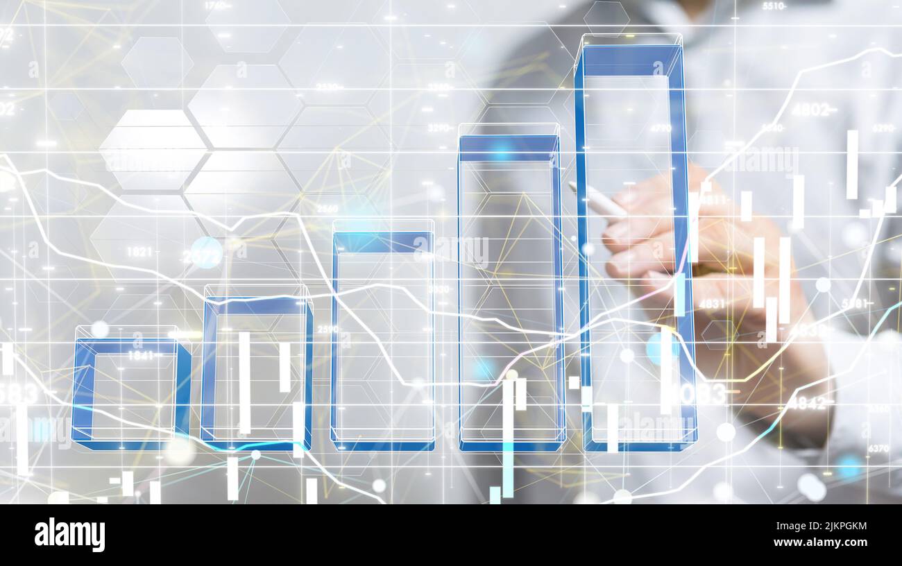 An illustrated stock market graphic chart with a person holding a pen ...