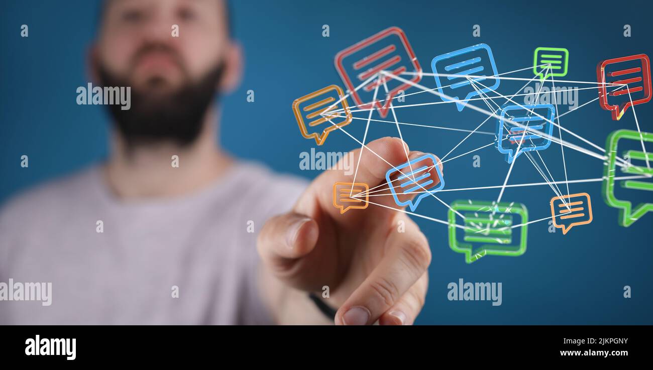 A 3D render of an email symbol and Network Communications with male ...