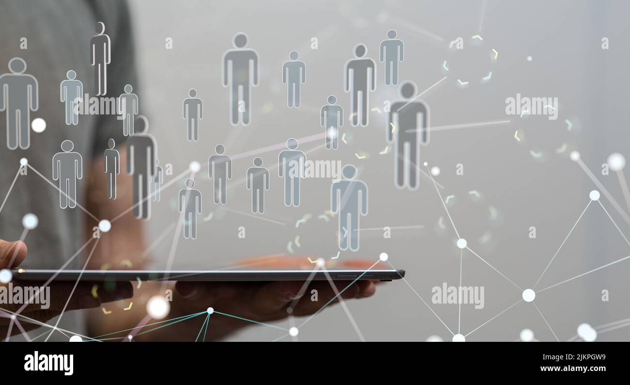 A 3D rendering of a group of hovering people icons on a tablet ...