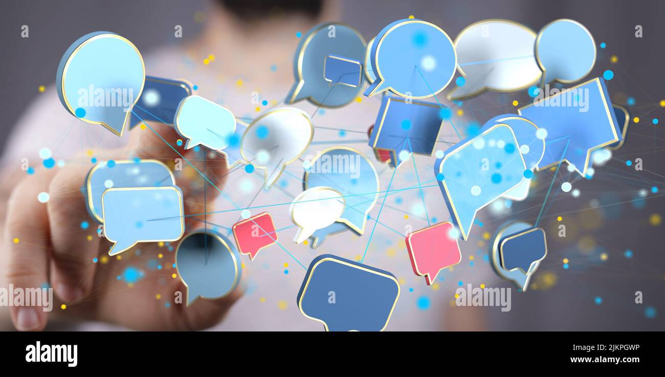 A 3D render of an email symbol and Network Communications with male ...