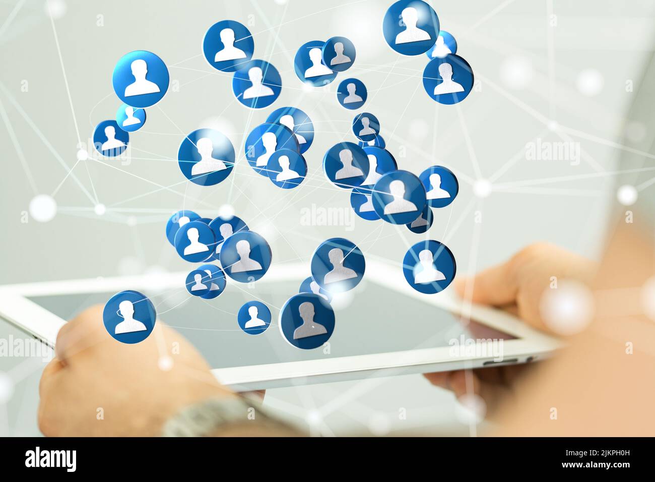 A 3D rendering of a group of floating people icons on a tablet ...