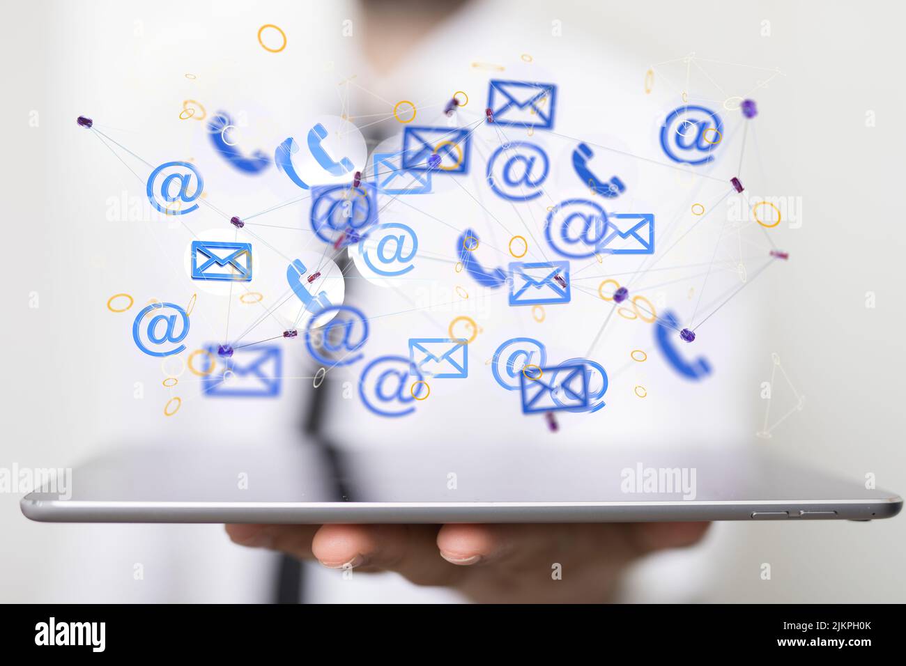 A 3D render of an email symbol and Network Communications with male ...