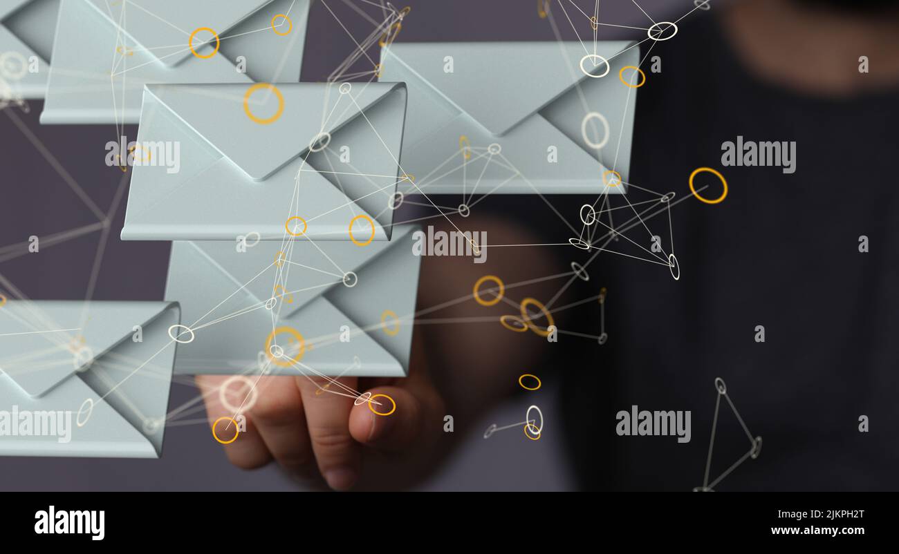 A 3D rendering of a man pointing at floating message icons - Concept of ...