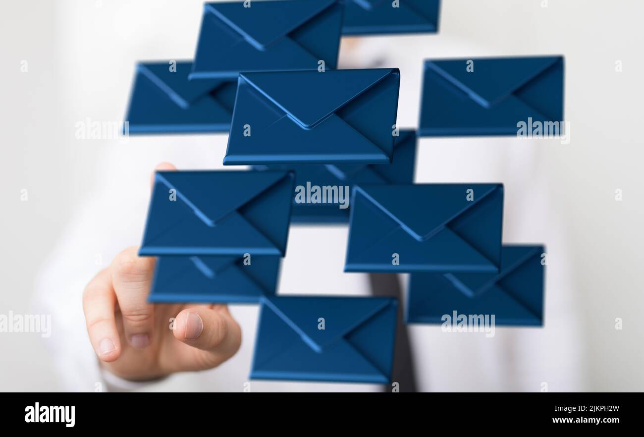 A 3D rendering of a man pointing at floating message icons - Concept of ...