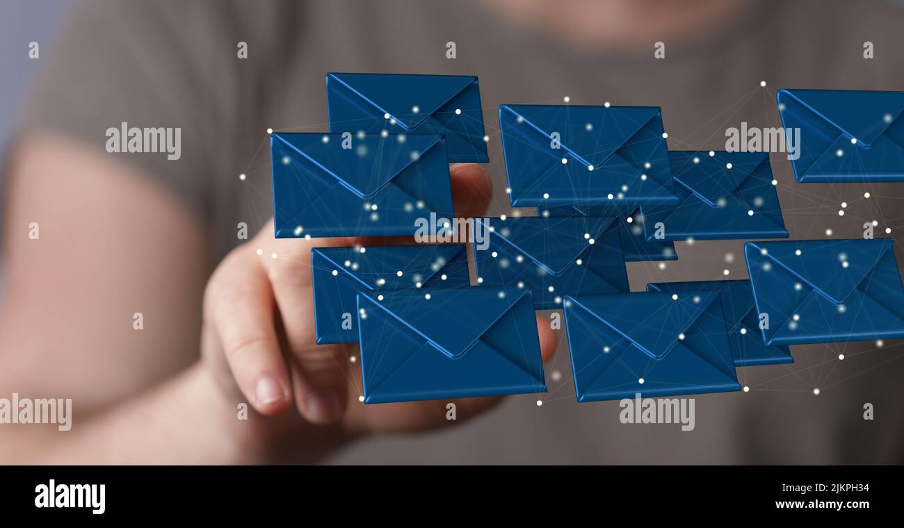 A 3D rendering of a man pointing at floating message icons - Concept of ...