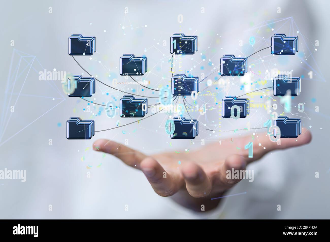 Augmented Analytics Data cloud storage network from lines, triangles and particle style design ...