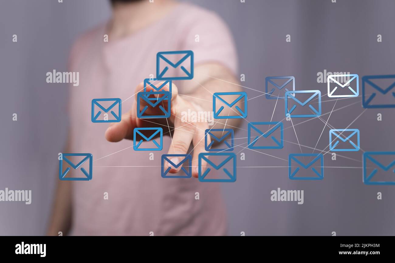 A 3d Rendering Of A Man Pointing At Floating Message Icons Concept Of Business Communication 0367