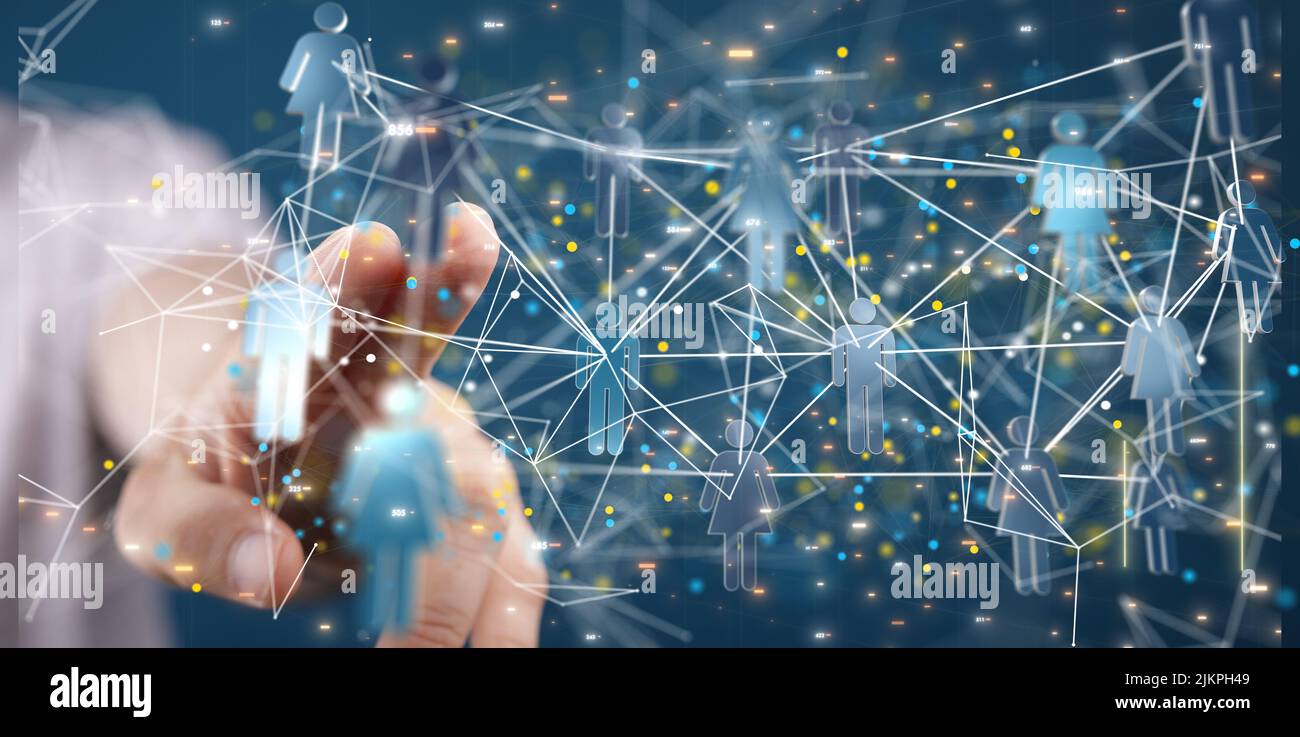 A 3D rendering of a businessman pointing at a group of people icons ...