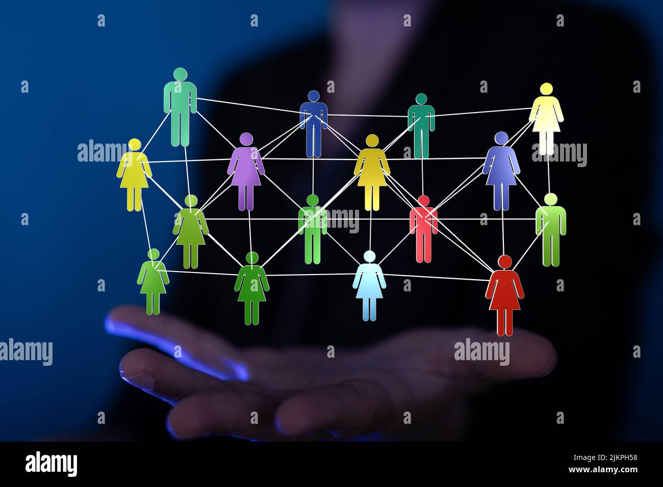 A 3D rendering of human icons over a hand-social network communication ...