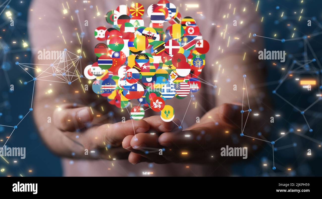 A 3D rendering of country flags over hands-global communication concept ...