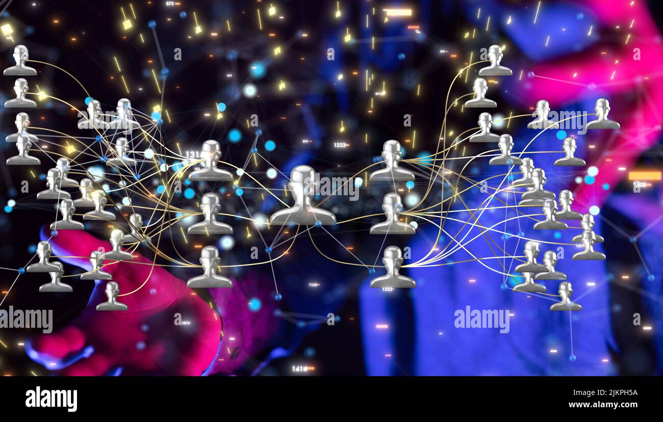 A 3D rendering of human icons with hand tapping on it from behind ...