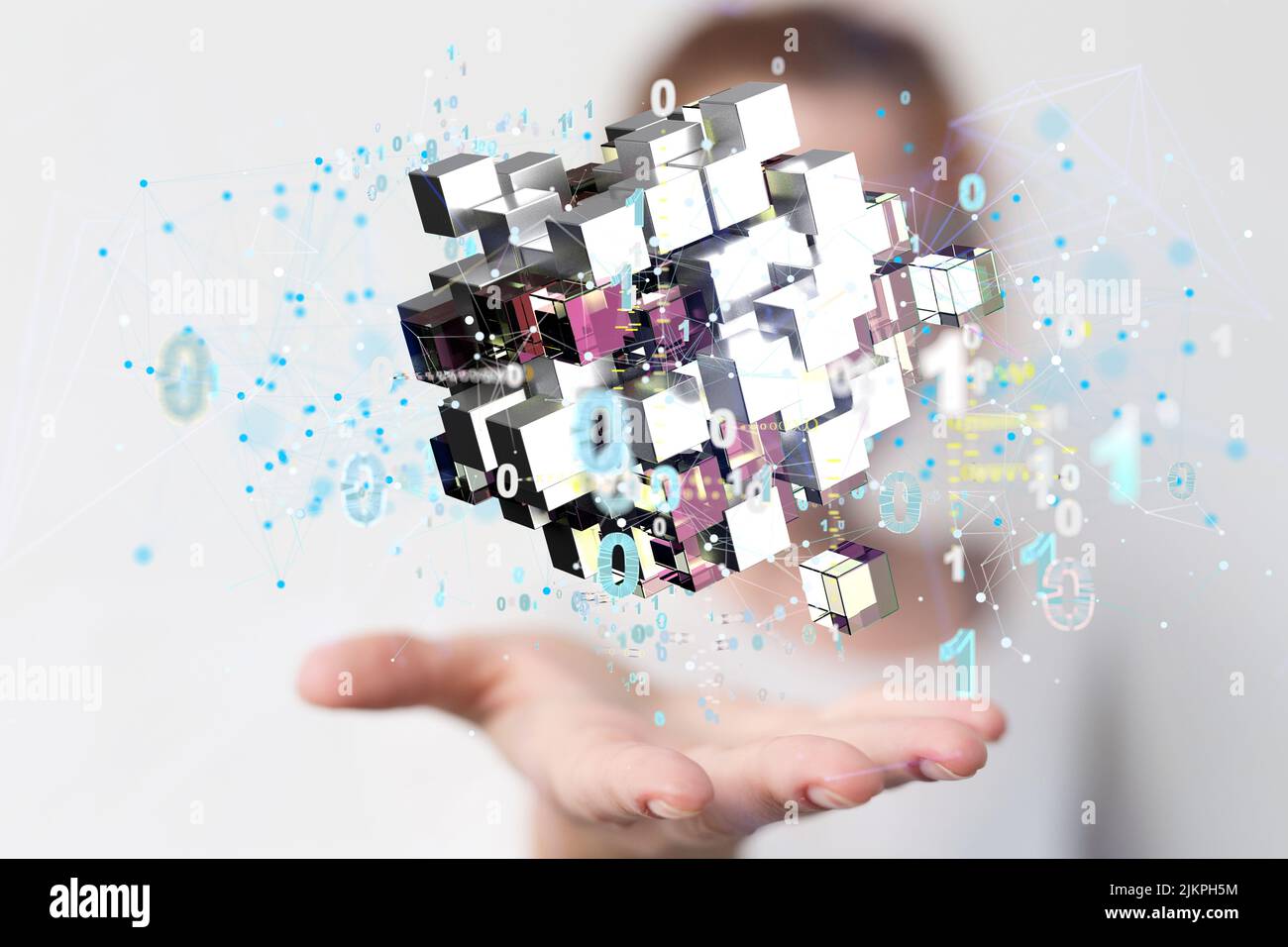 Augmented Analytics Data cloud storage network from lines, triangles and particle style design ...