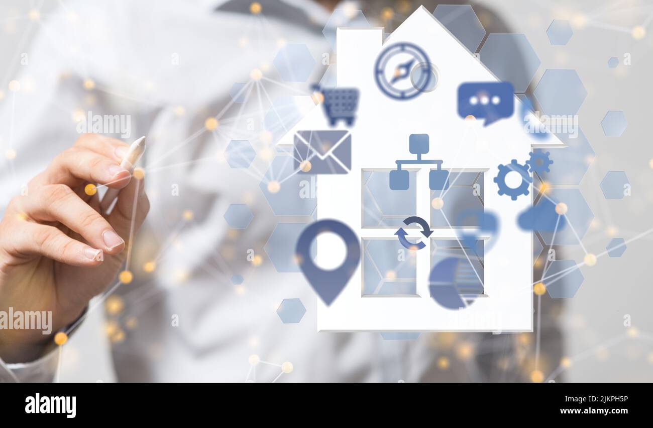 A 3D rendering of home with electronic telecommunication icons- home ...