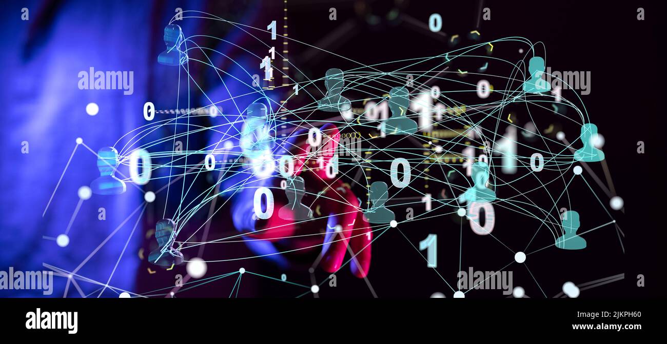 A 3d Rendering Of Human Icons With Binary Codes Social Network
