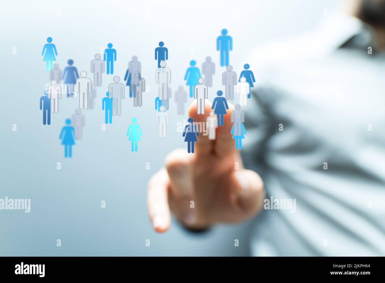 A 3d Rendering Of Floating Human Icons With Hand Tapping On It From