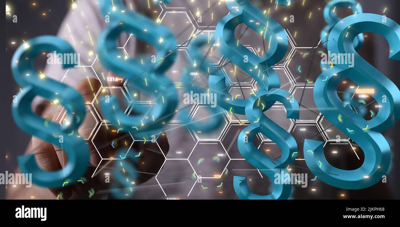 A 3D rendering of Paragraph symbols with hand tapping on it from behind ...