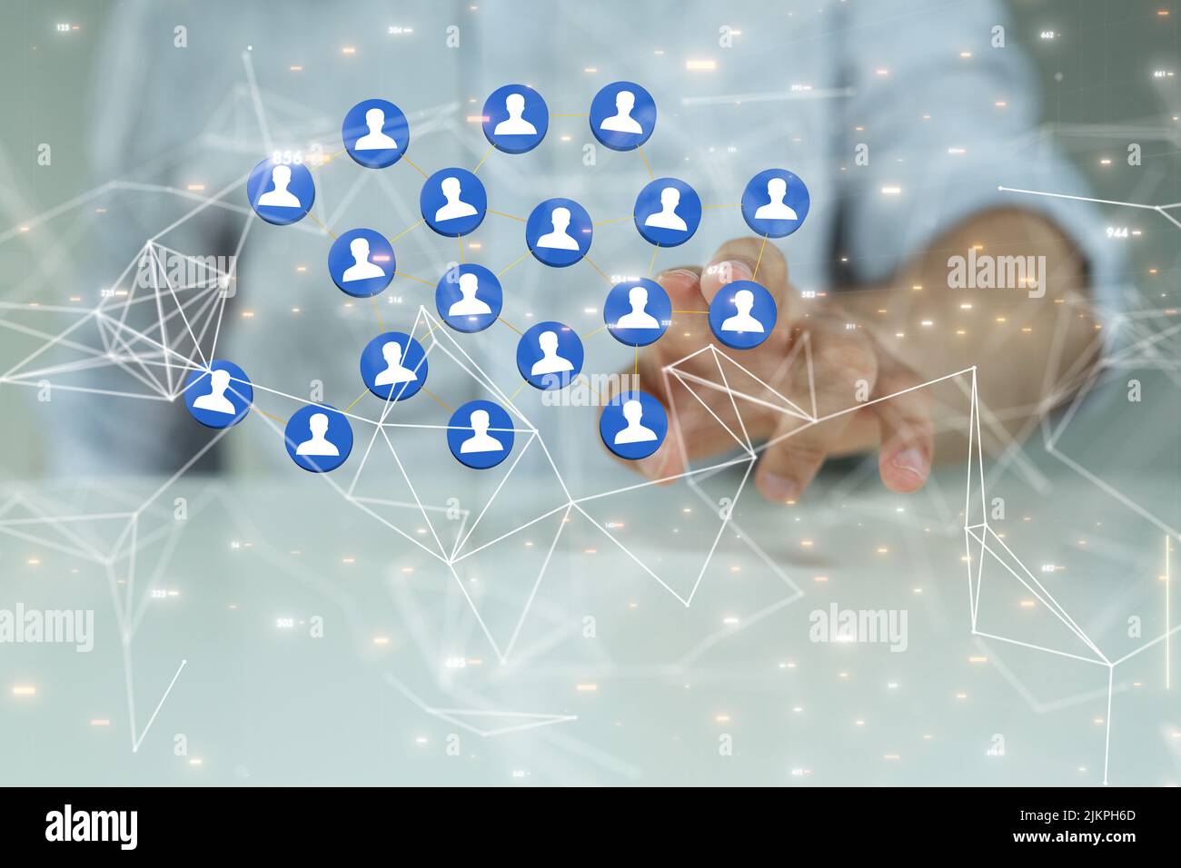 A 3D rendering of human icons with hand tapping on it from behind ...