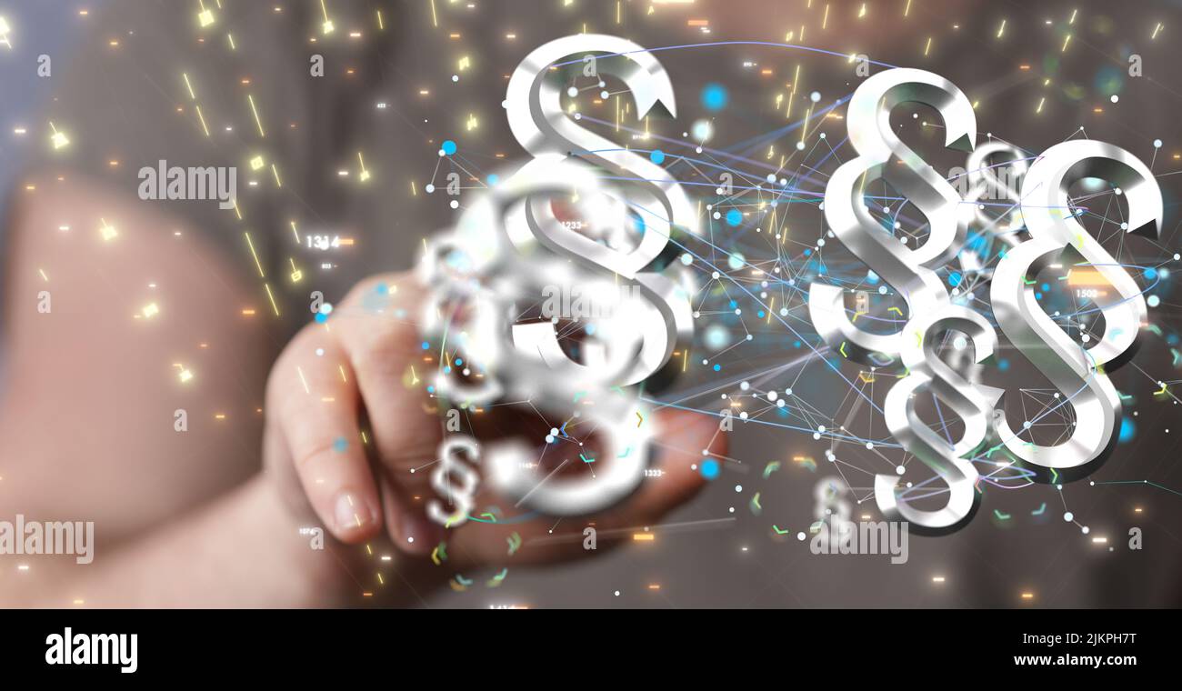 A 3D rendering of Paragraph symbols with hand tapping on it from behind ...