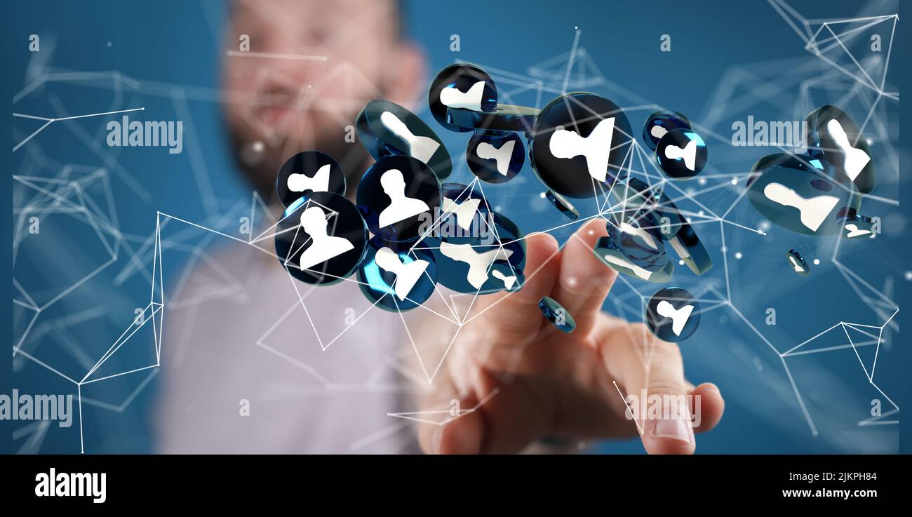 A 3D rendering of human icons with hand tapping on it from behind ...