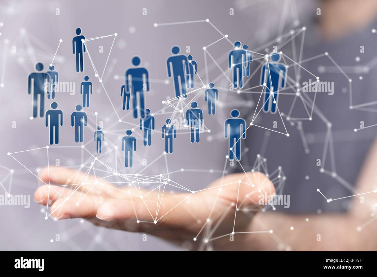 A 3D rendering of floating human icons on hand- Human resources management and recruitment ...