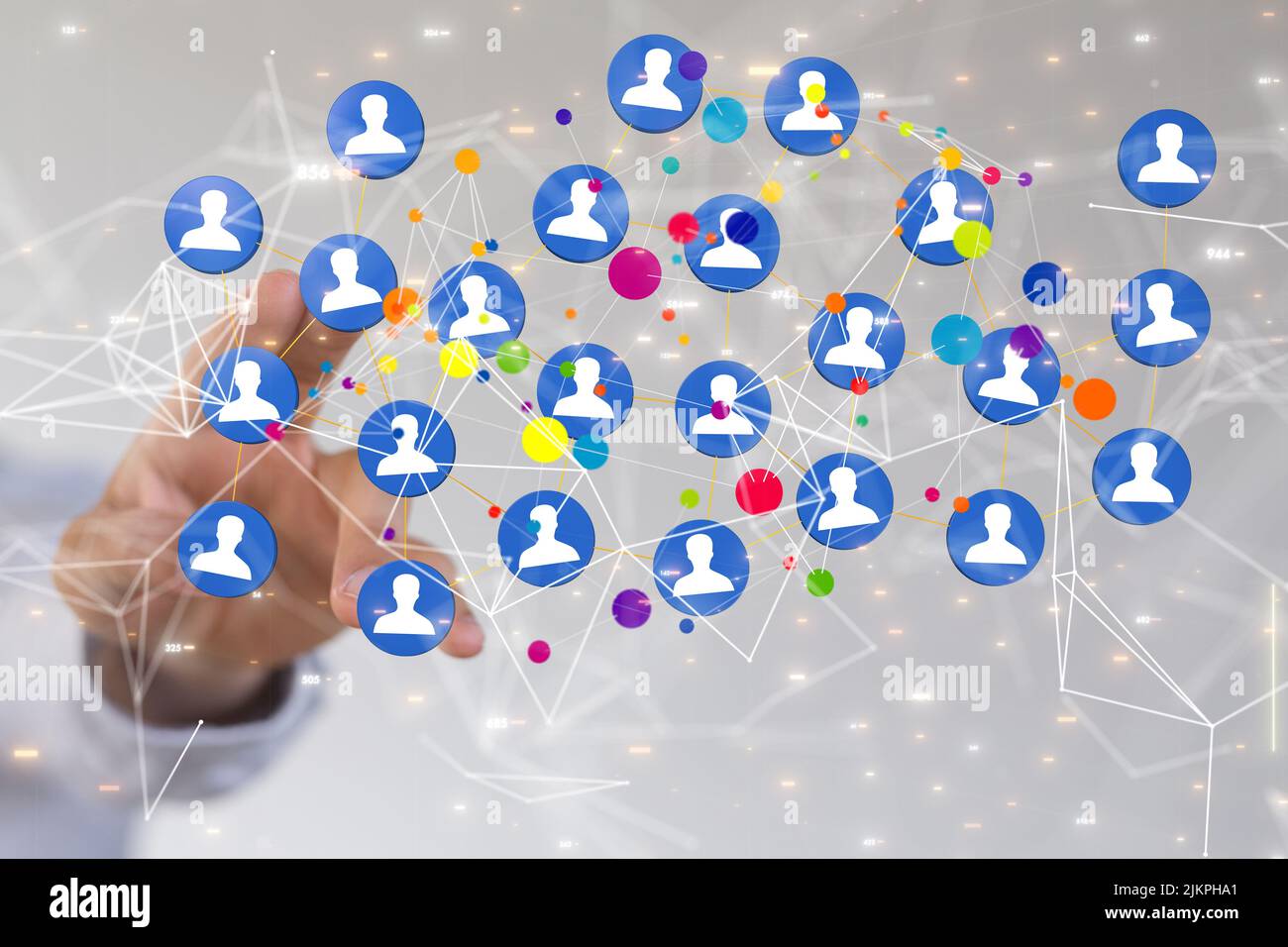 A 3D rendering of human icons with hand tapping on it from behind-internet communication concept ...