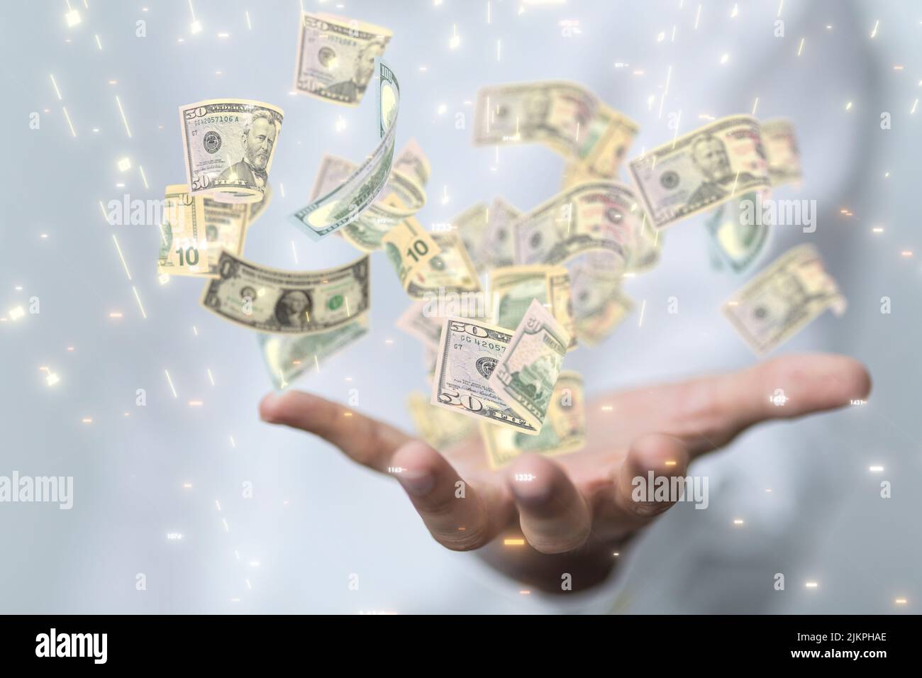 A 3D rendering of Euro paper bills with falling digital rain over a ...