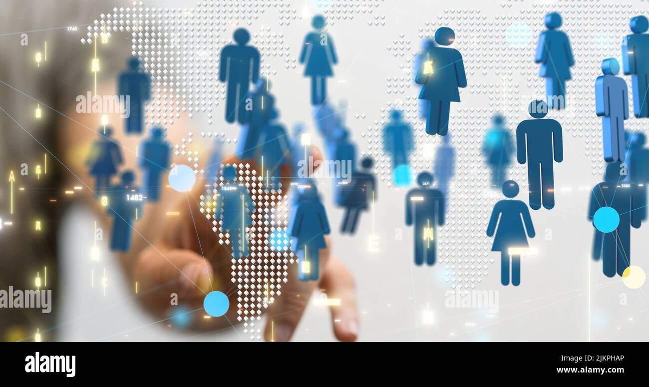 A 3D rendering of human icons with hand tapping on it from behind ...