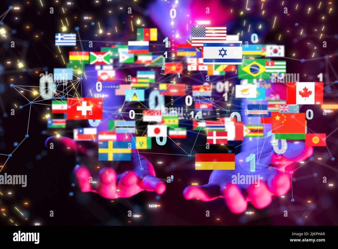 A 3D rendering of country flags with binary codes over hands-global communication concept Stock ...