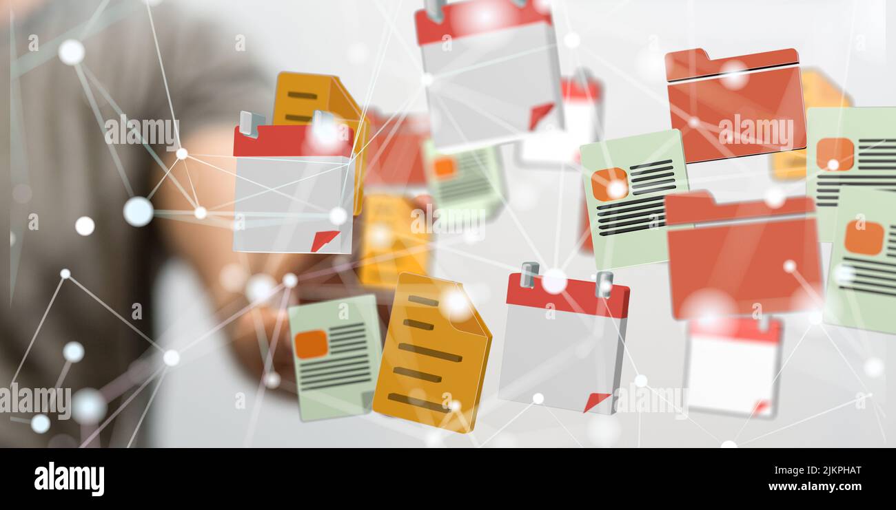 A 3D rendering of data storage icons with hand tapping on it from ...