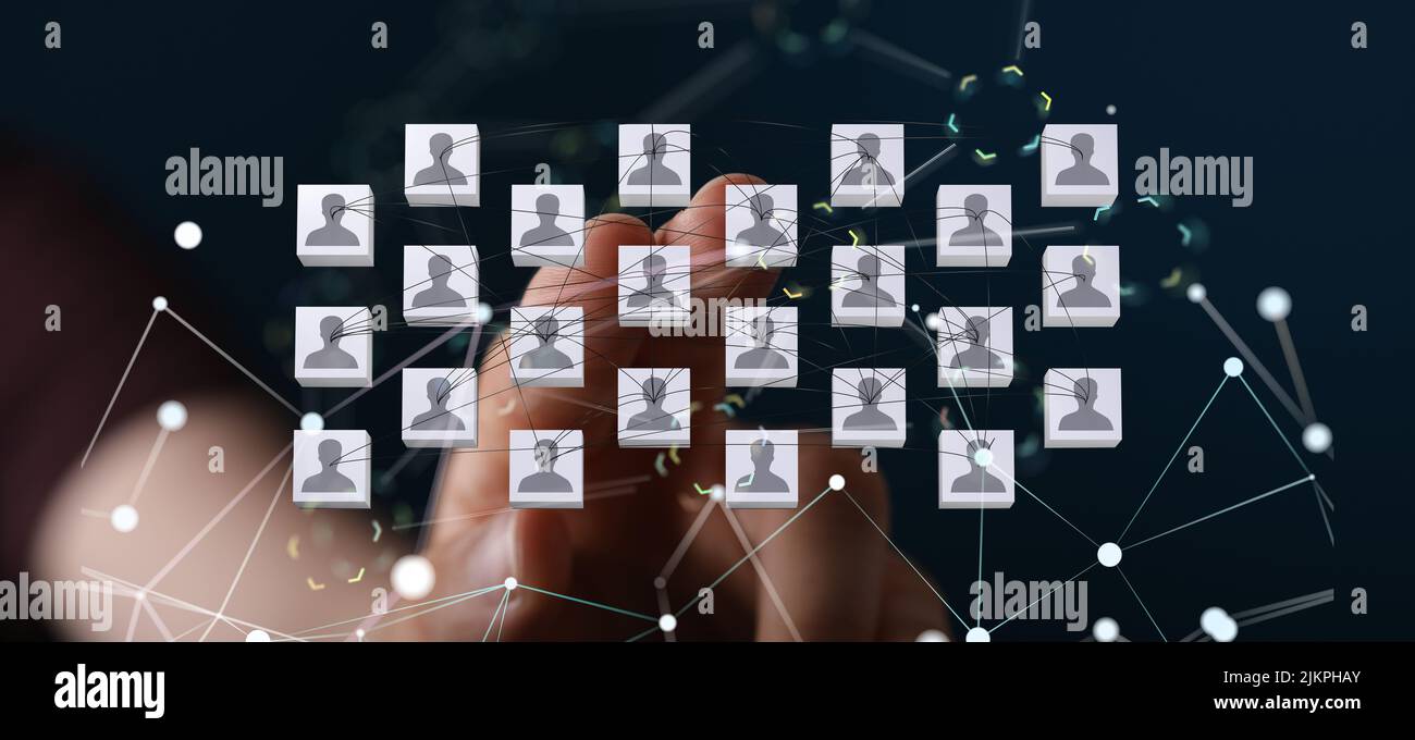 A 3D rendering of human icons with hand tapping on it from behind-social network communication ...