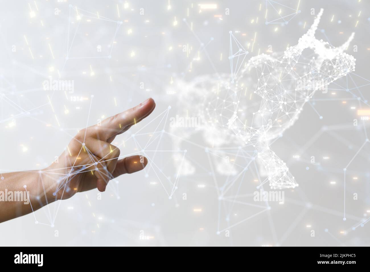 A 3d rendering of a hand pointing to a digital stock market bull symbol ...