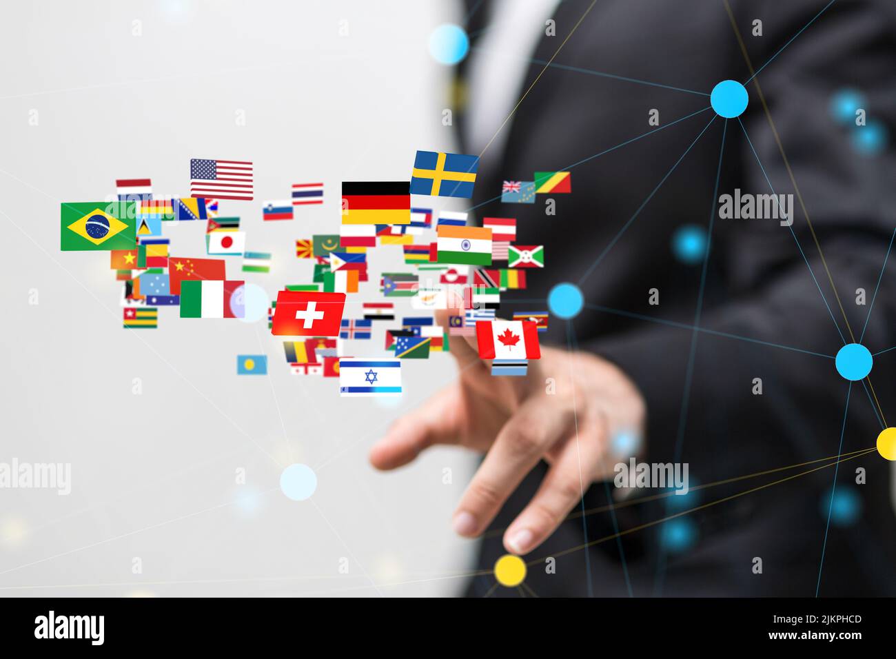 A 3D rendering of country flags with hand tapping on it from behind ...