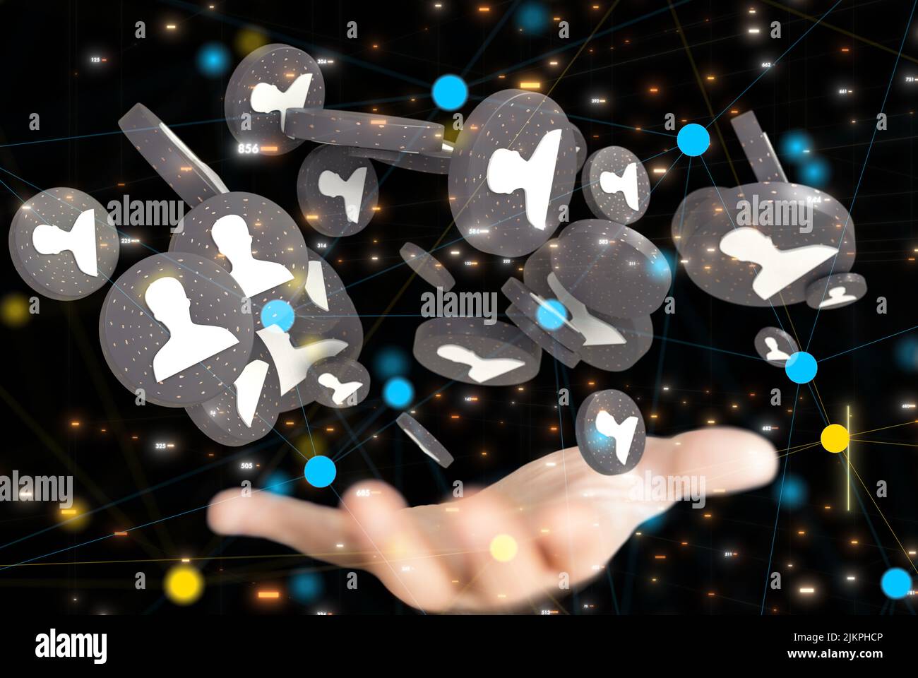 A 3D rendering of human icons over hand-internet communication concept ...