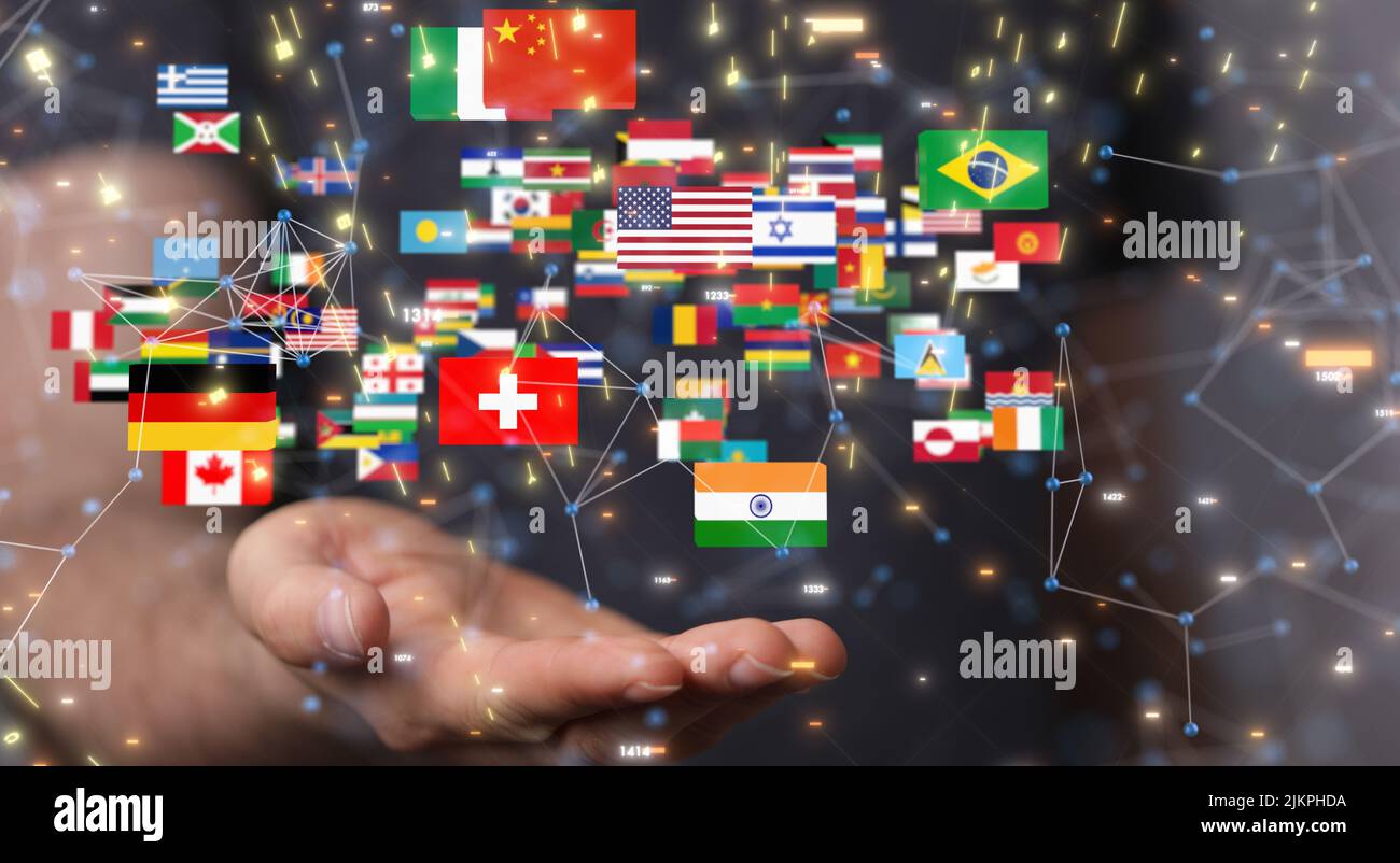 A 3D rendering of country flags over hand-global communication concept ...
