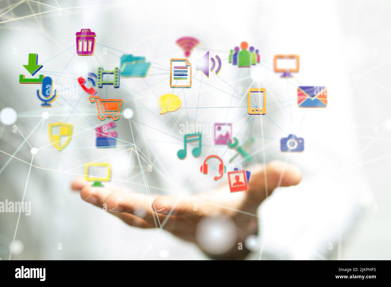 A 3D rendering of electronic icons floating over hand- Big data ...