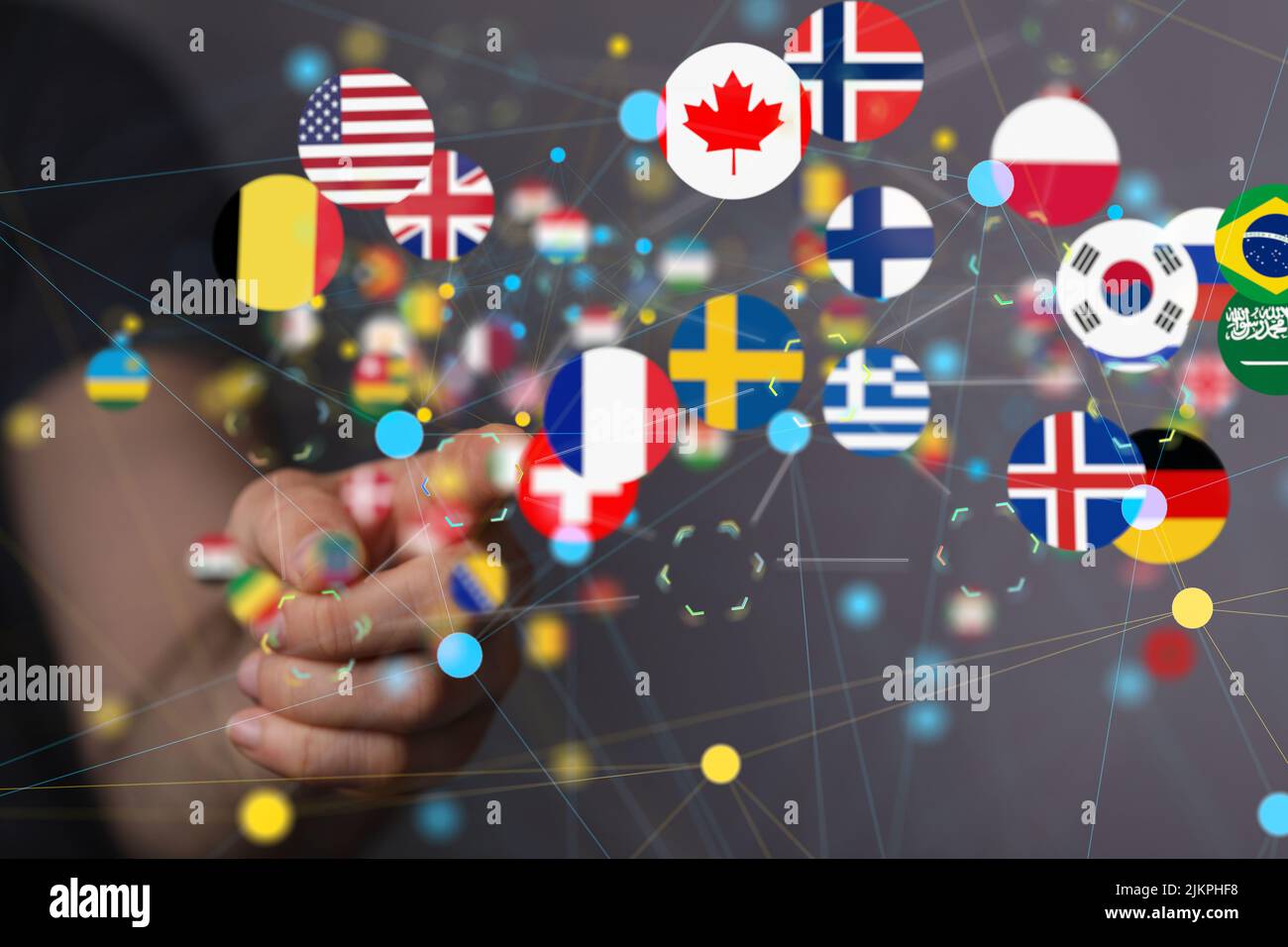 A hand reaching out to different country flag icons with technological ...