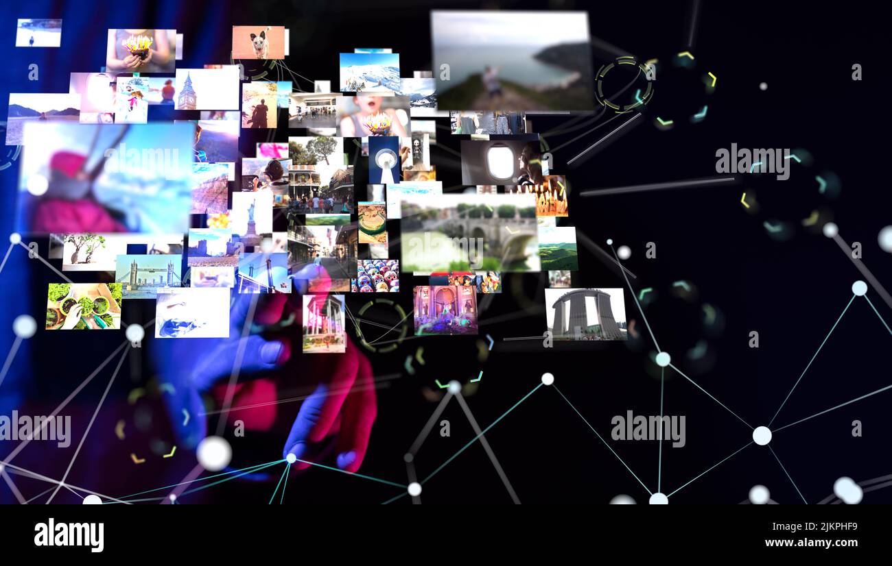 A person reaching out to streaming video thumbnails with a dark ...