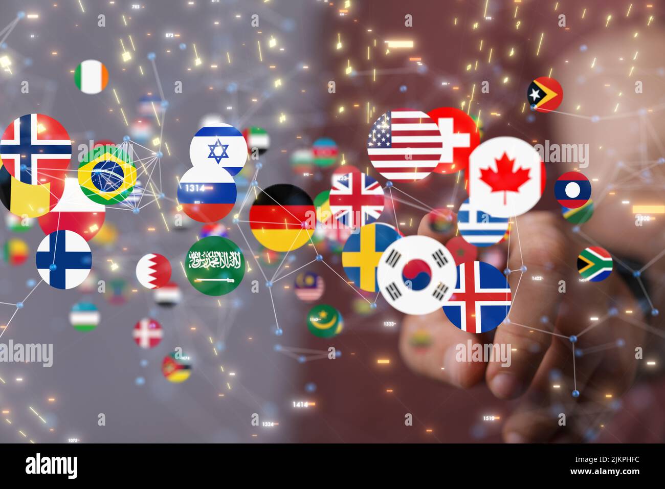 A hand reaching out to different country flag icons with technological ...