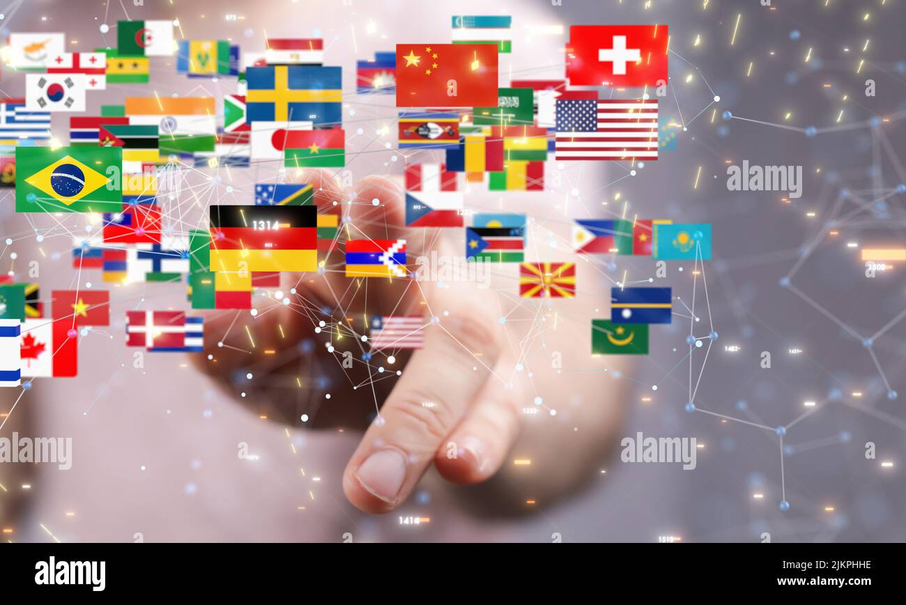 The 3D rendering of a virtual world map with all states and their flags ...