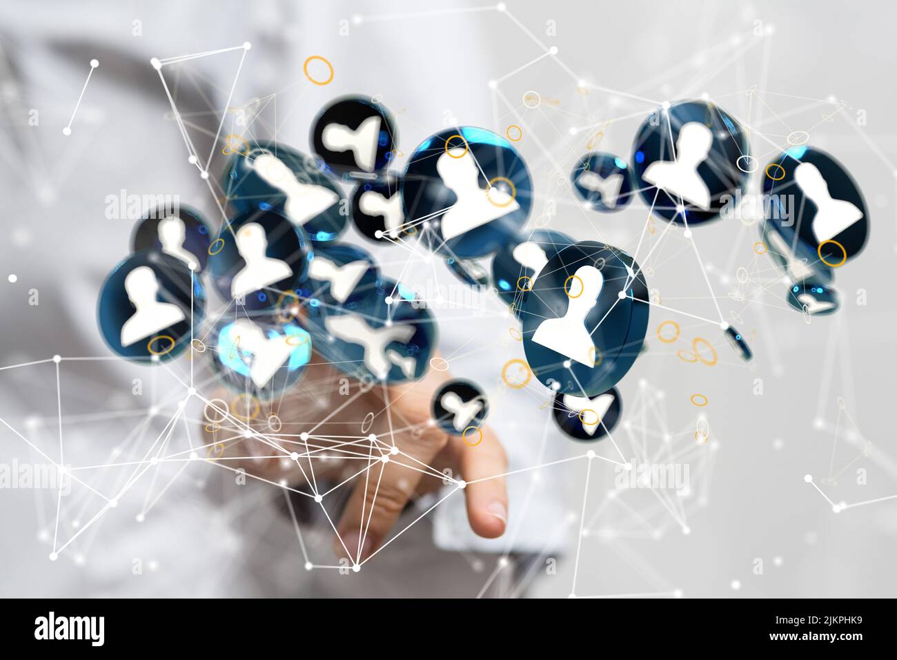 A 3D rendering of human icons with hand tapping on it from behind-internet communication concept ...