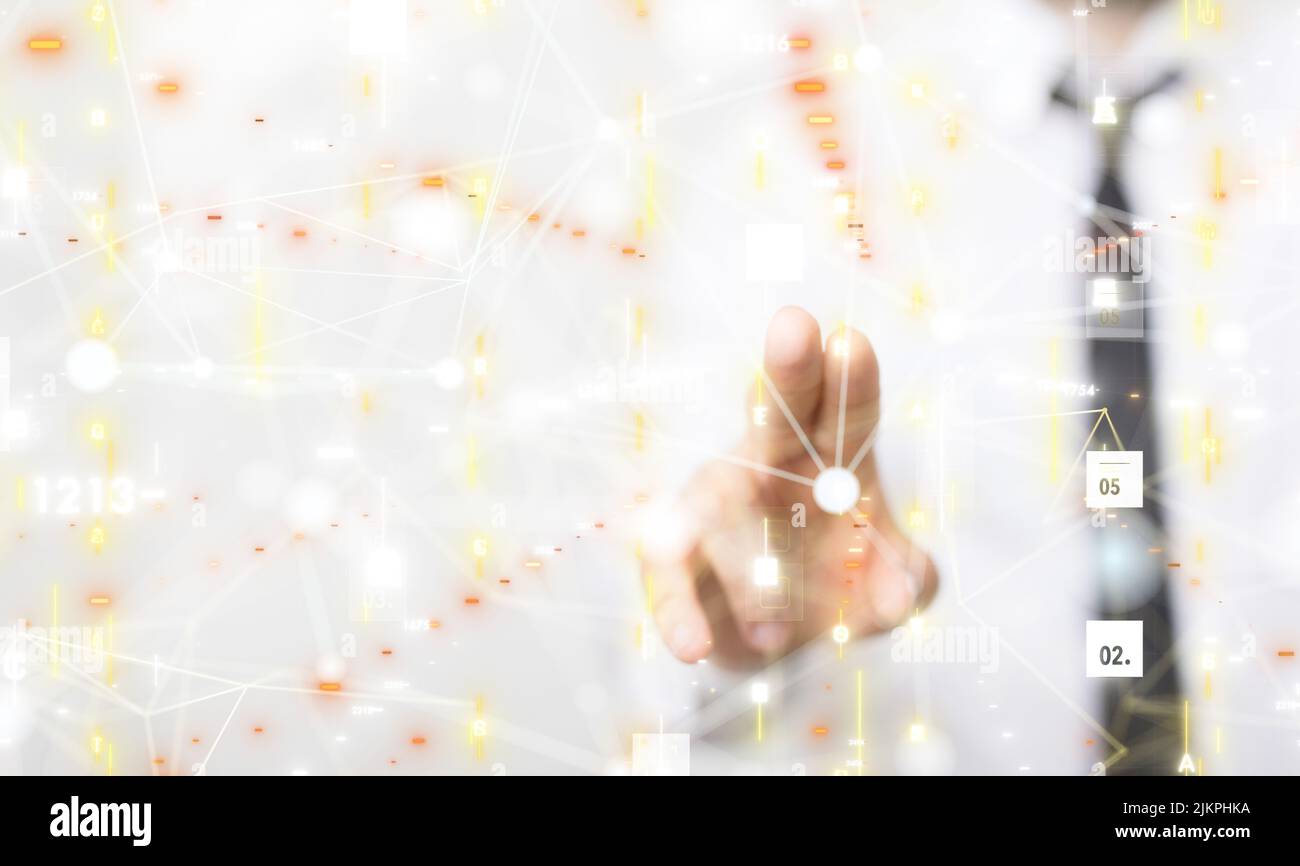 A 3D rendering of abstract neural network icons with hand tapping on it ...