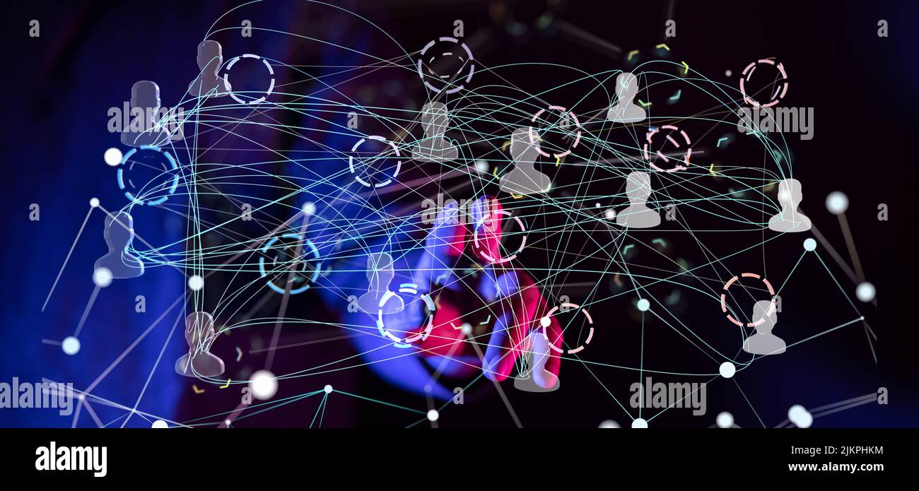 A 3D rendering of human icons with hand tapping on it from behind ...