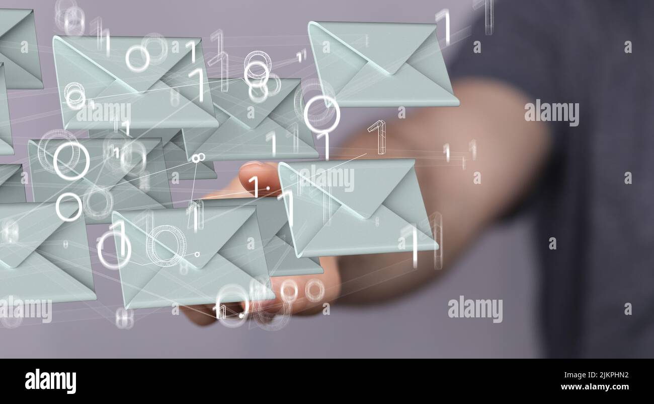 A closeup of a hand holding 3D rendered email symbols for an email ...