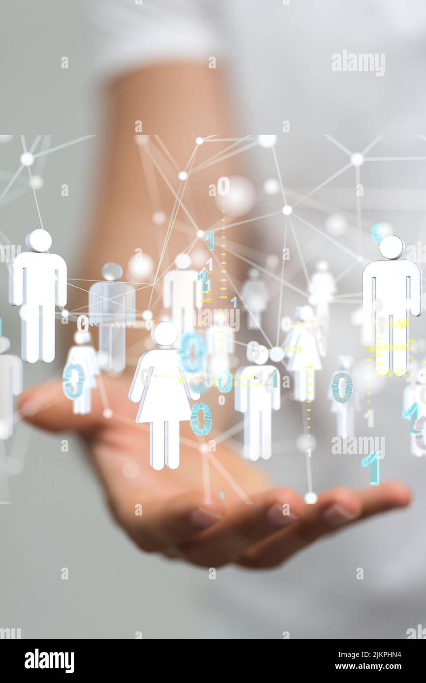 A vertical closeup of a hand holding 3D rendered human icons for HR ...