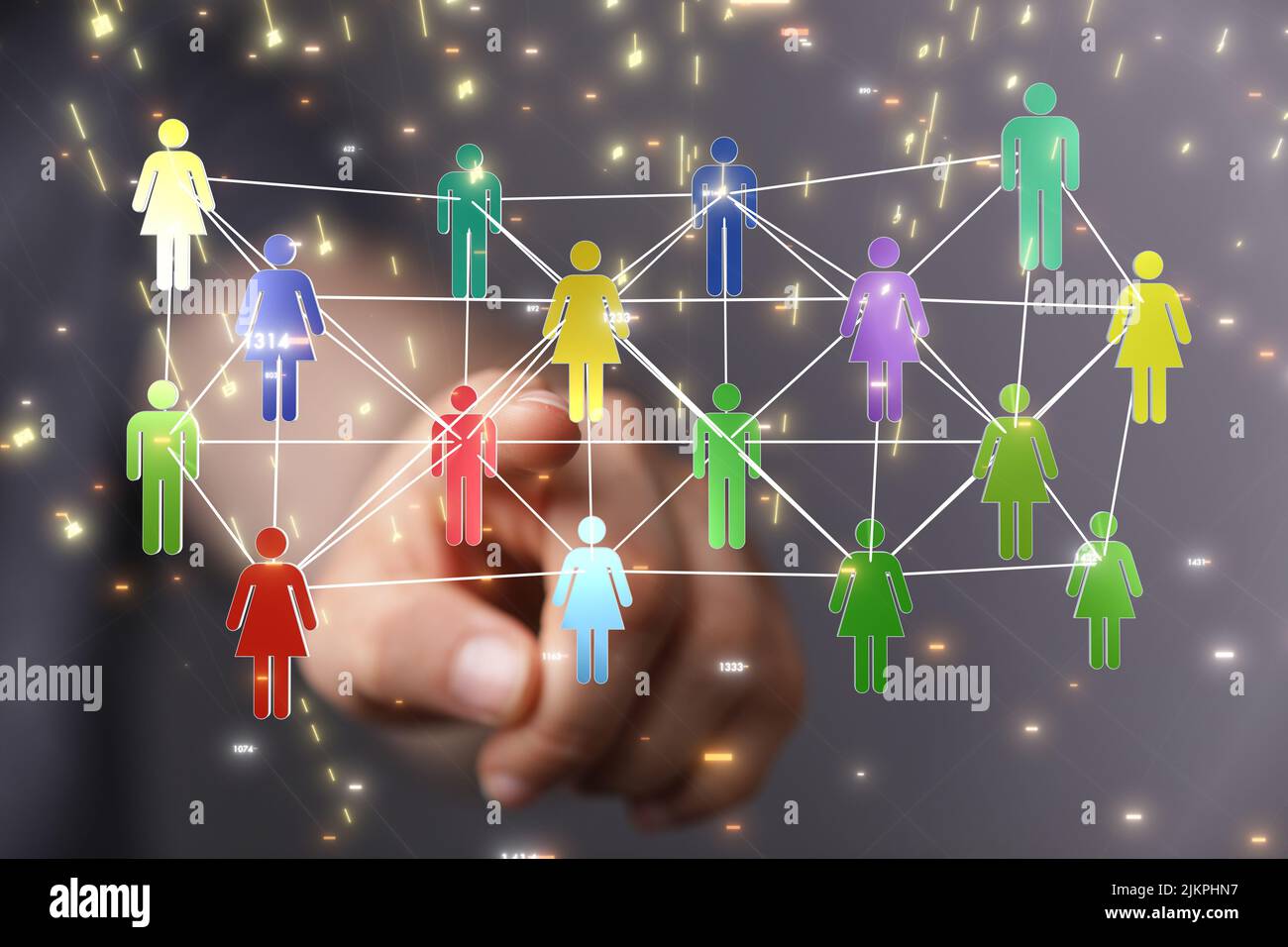A hand touching colorful 3D rendered connected human icons, a digital ...